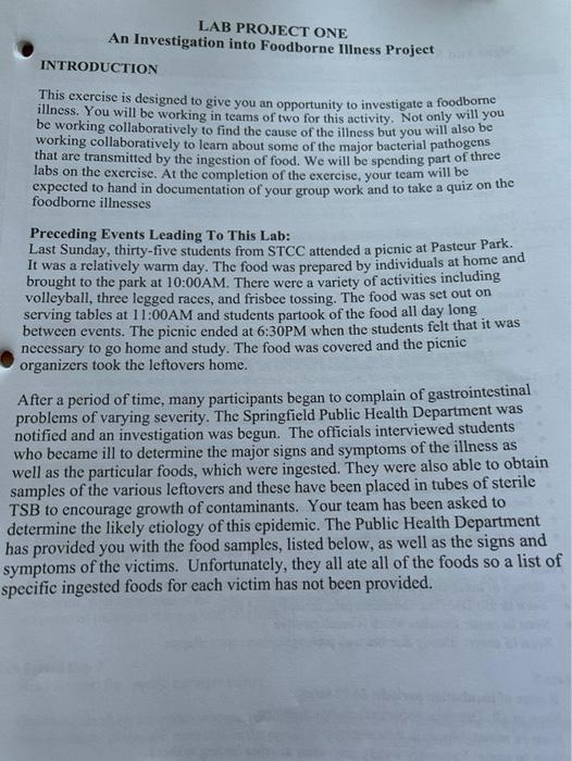 LAB PROJECT ONE An Investigation into Foodborne | Chegg.com