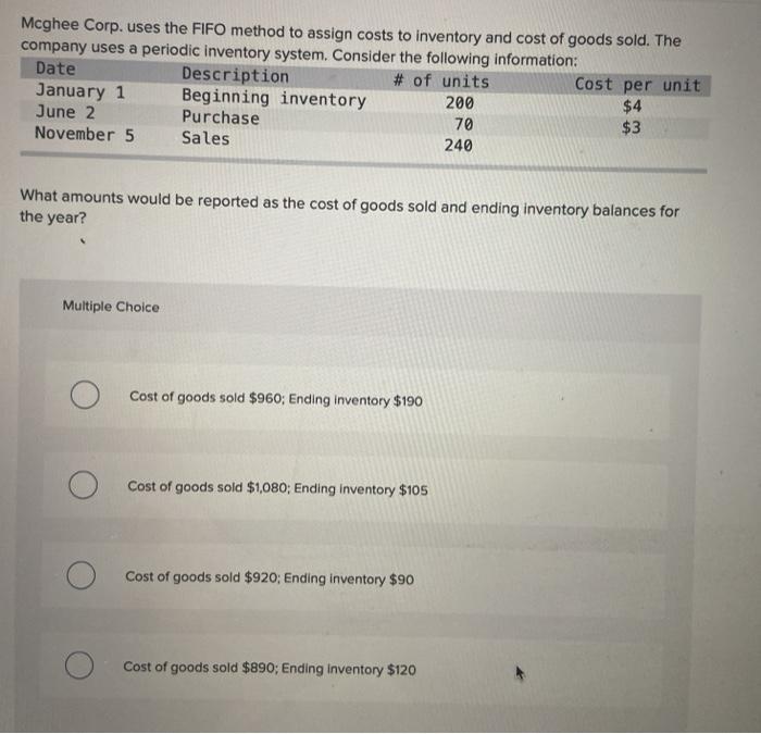 Solved Mcghee Corp. uses the FIFO method to assign costs to | Chegg.com