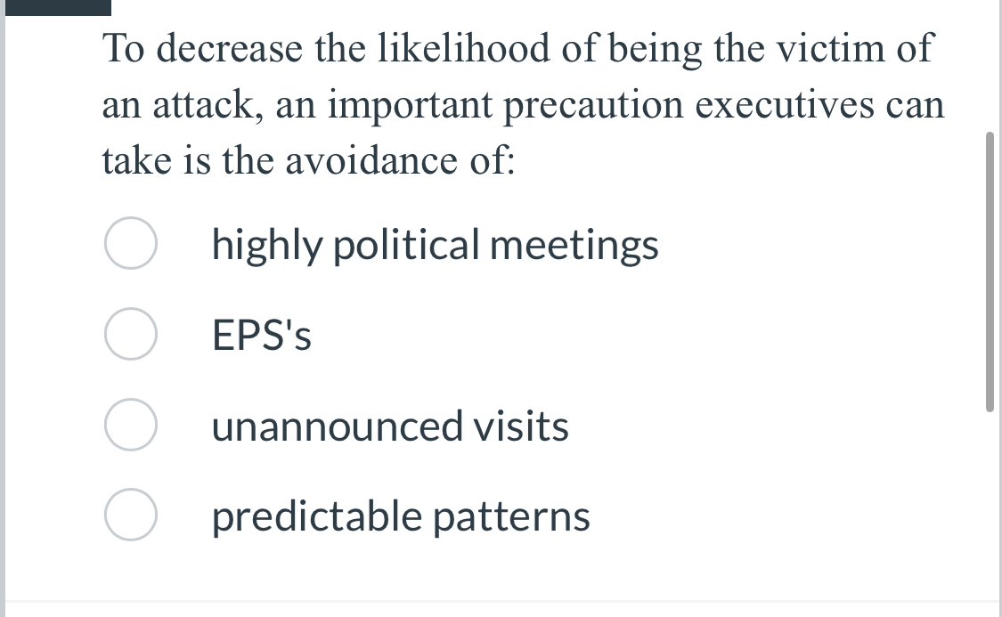 Solved To decrease the likelihood of being the victim of an | Chegg.com