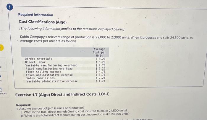 Solved Required information Cost Classifications (Algo) [The | Chegg.com