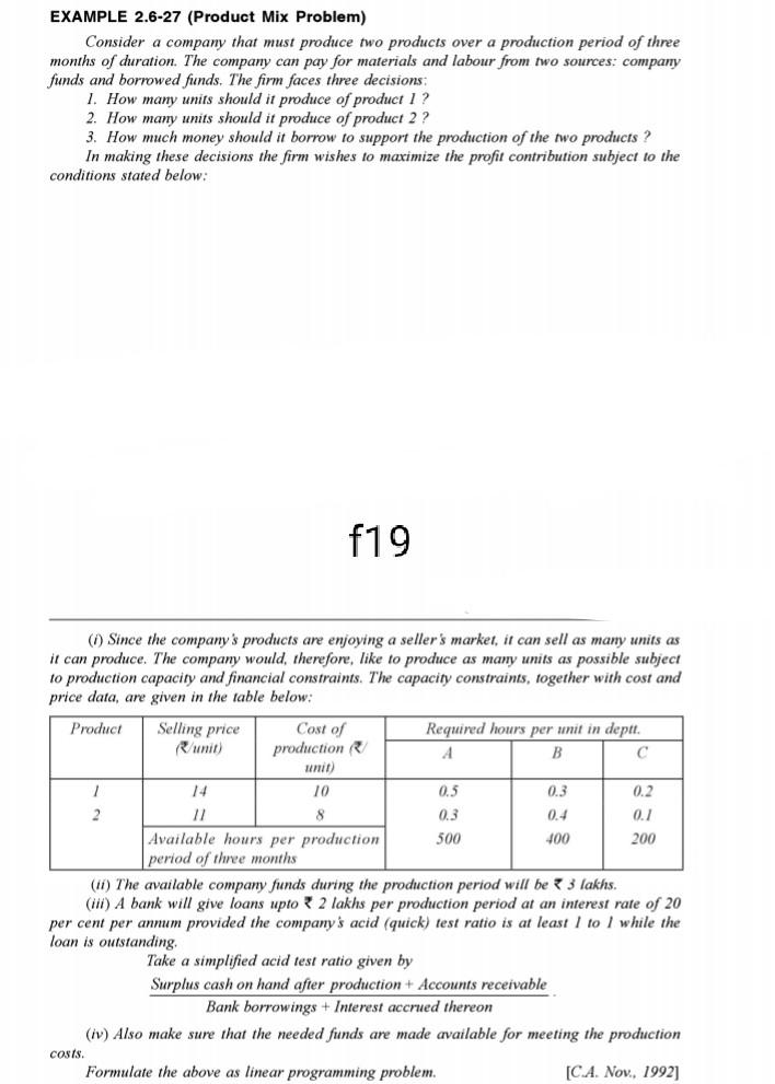 Solved EXAMPLE 2.6-27 (Product Mix Problem) Consider a | Chegg.com