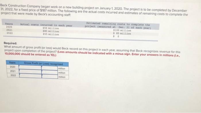 Solved Beck Construction Company began work on a new | Chegg.com