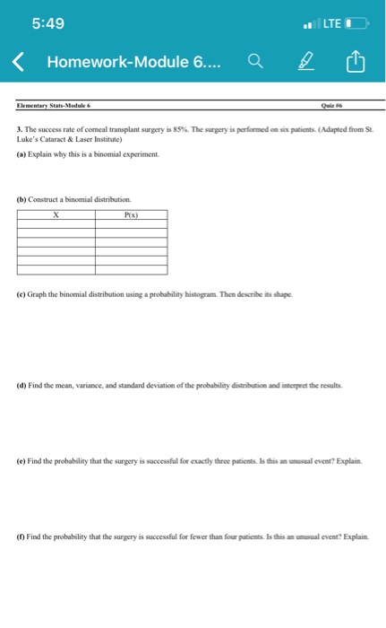 Solved 5 49 Lte Homework Module 6 Elementary Stats