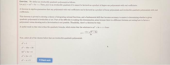 Solved Exercise. We define an irreducible quadratic | Chegg.com