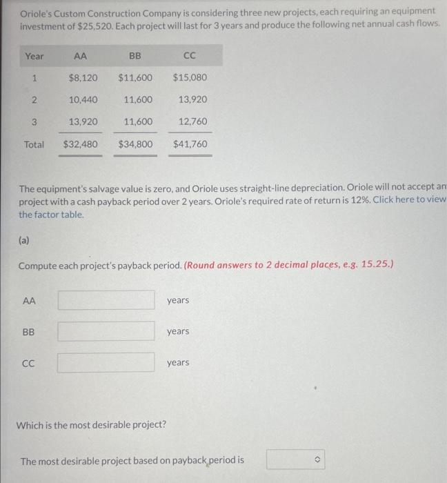 Solved Oriole's Custom Construction Company is considering | Chegg.com