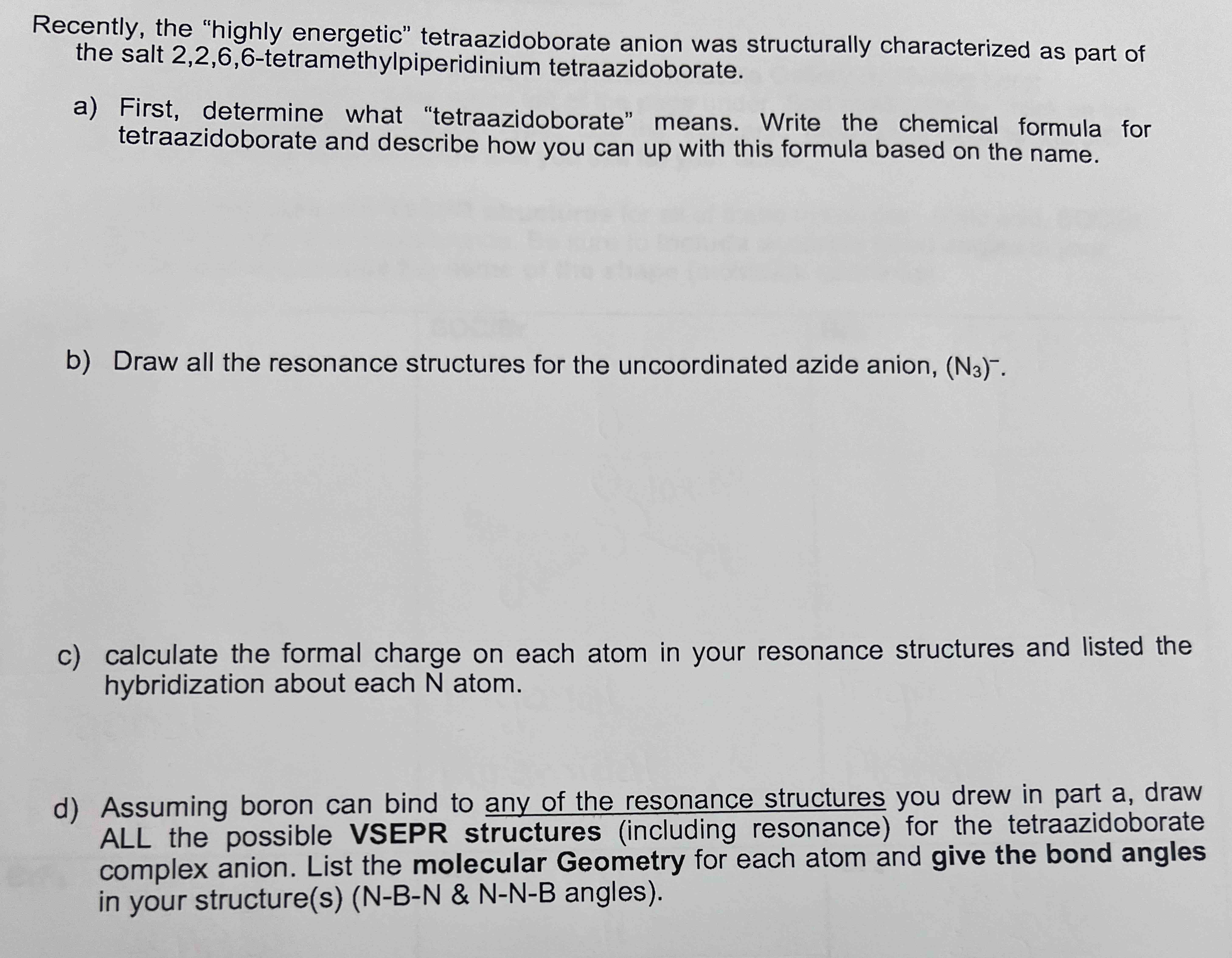 Solved Recently, the "highly energetic" tetraazidoborate | Chegg.com