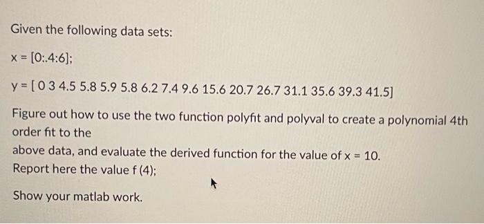 Solved Given the following data sets: x=[0:4:6]; Figure out | Chegg.com