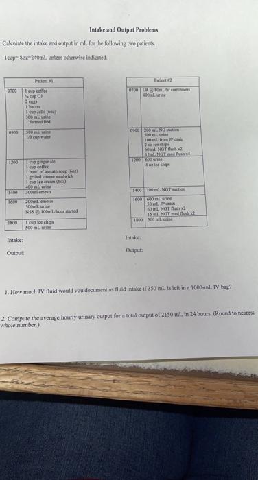 Intake and Output Problems Calculate the intake and | Chegg.com