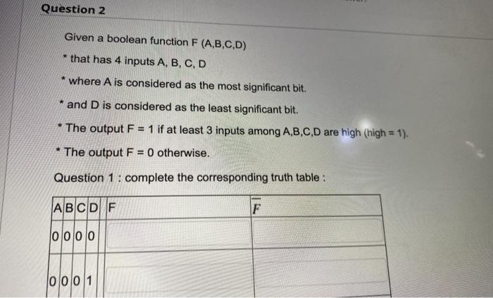 Solved Question 2 Given a boolean function F (A,B,C,D) * | Chegg.com