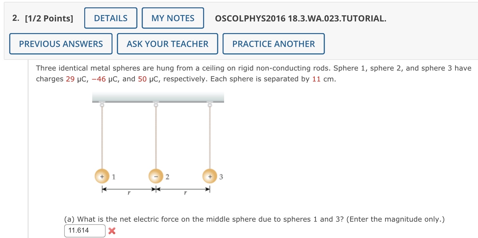 Solved Three identical metal spheres are hung from a ceiling | Chegg.com