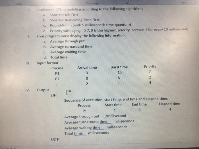 1. II. Paragraph Implement CPU scheduling according | Chegg.com