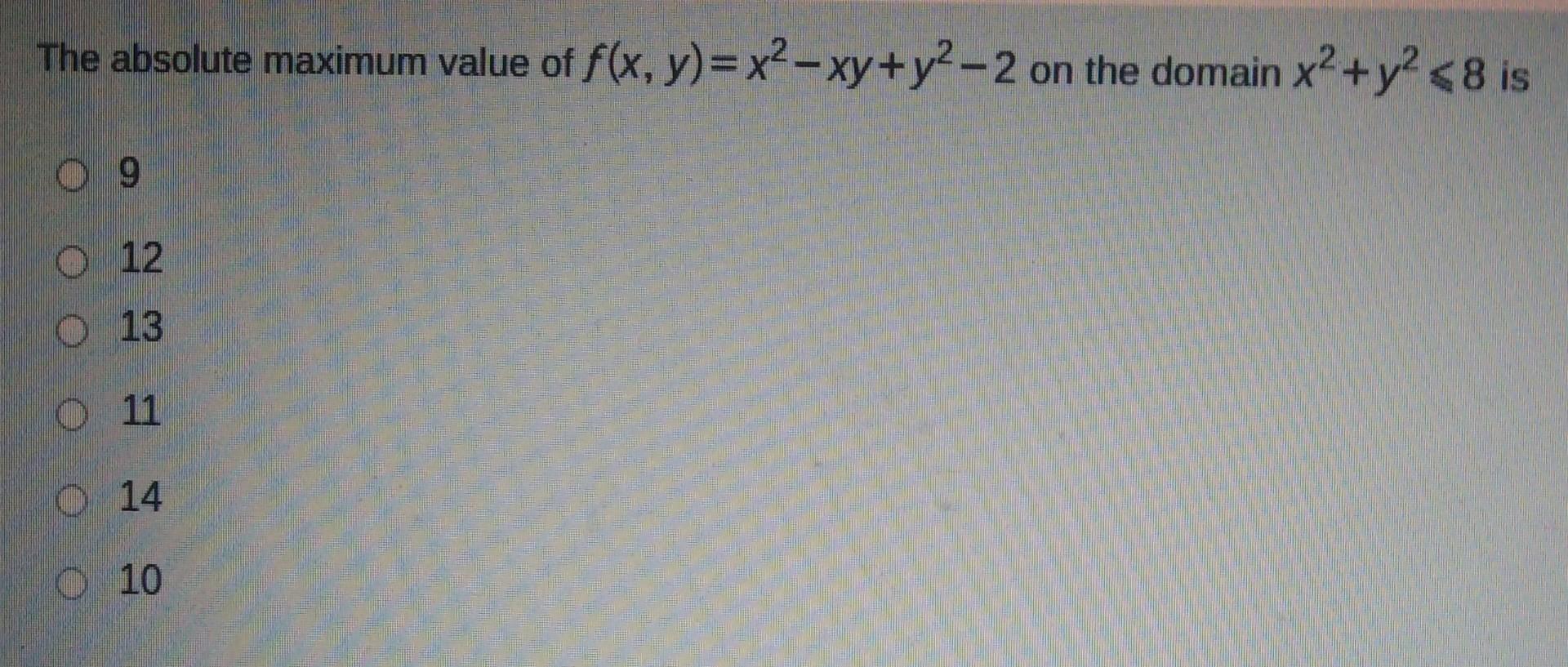 Solved The absolute maximum value of f(x,y)=x2 - xy+y2-2 on | Chegg.com