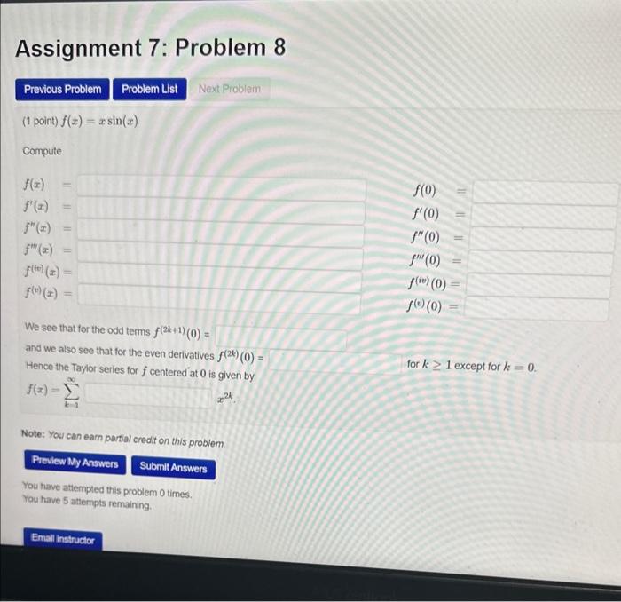 Solved (1 point) f(x)=xsin(x) Compute | Chegg.com