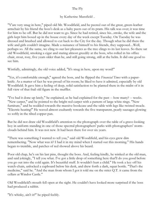 Solved The Fly by Katherine Mansfield "Yare very snug in | Chegg.com