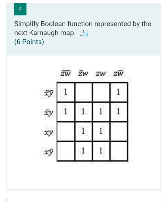 Solved Simplify Boolean function represented by the next | Chegg.com