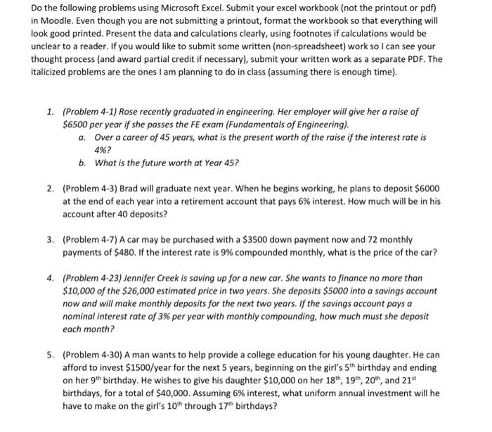 Solved Do the following problems using Microsoft Excel. | Chegg.com