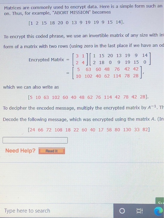 Solved Matrices are commonly used to encrypt data. Here is a | Chegg.com