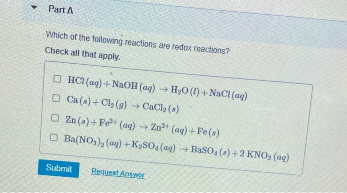 Solved Part A Which of the following reactions are redox | Chegg.com