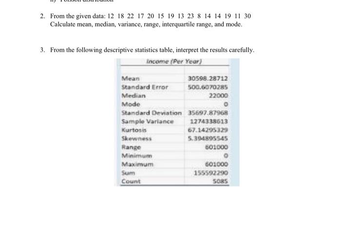 Solved 2. From the given data: 12182217201519132381414191130 | Chegg.com