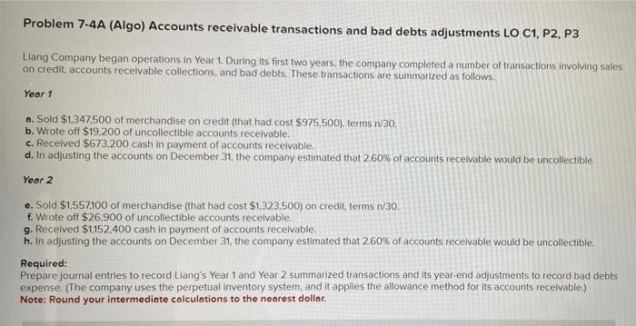 Solved Problem 7-4A (Algo) Accounts receivable transactions | Chegg.com
