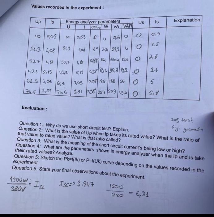 Solved Values recorded in the experiment : Evaluation : | Chegg.com