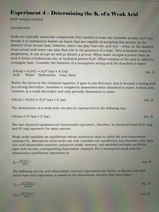 Solved Wxperiment 4 - Determining the K. of a Weak Acid | Chegg.com