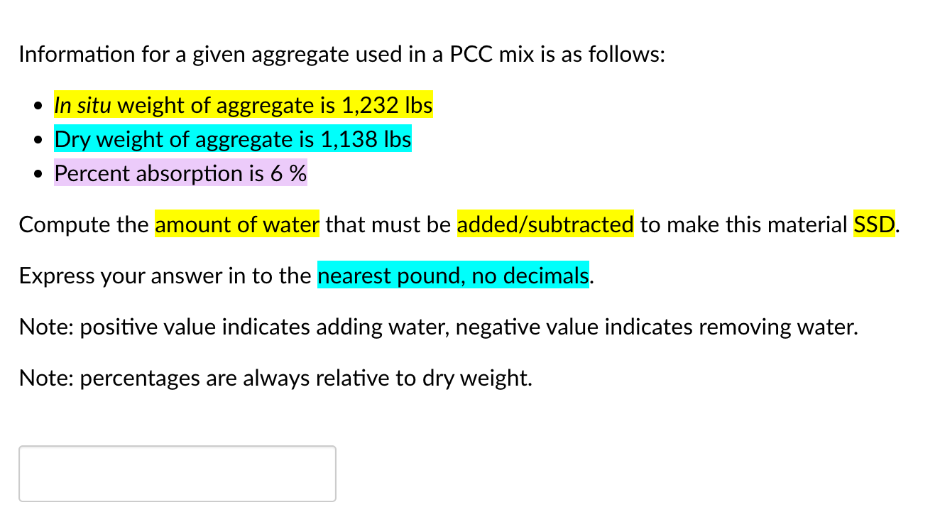 Solved Information for a given aggregate used in a PCC mix | Chegg.com
