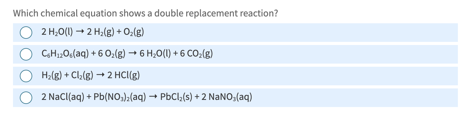 Solved Which chemical equation shows a double replacement | Chegg.com