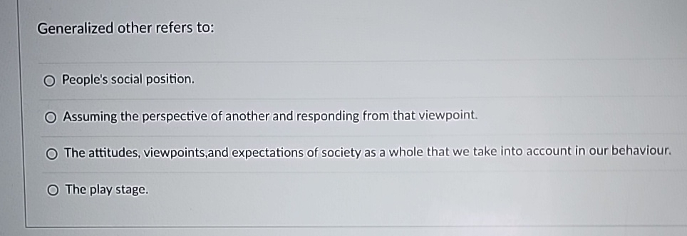 Solved Generalized other refers to:People's social | Chegg.com