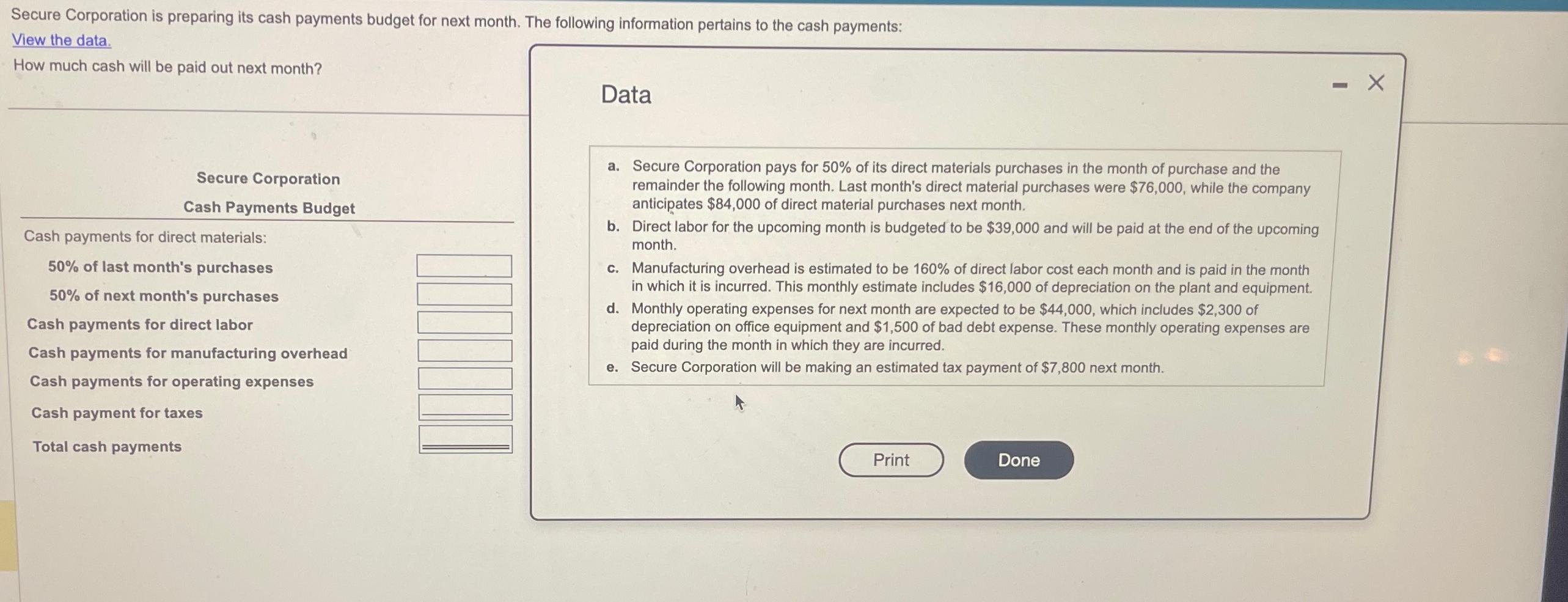 Solved Secure Corporation is preparing its cash payments | Chegg.com