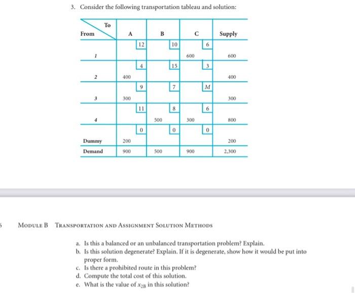 Solved 3. Consider the following transportation tableau and | Chegg.com