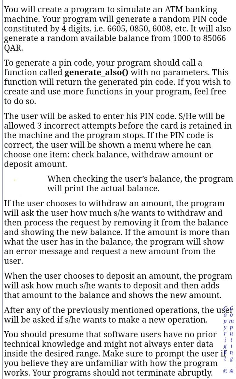 Solved You will create a program to simulate an ATM banking | Chegg.com