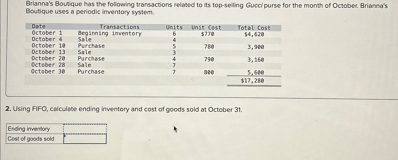 Solved Brianna's Boutique has the following transactions | Chegg.com