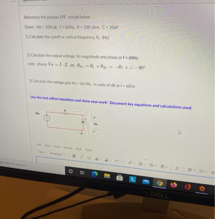 Solved Reference the passive LPF circuit below. Given: Vin - | Chegg.com