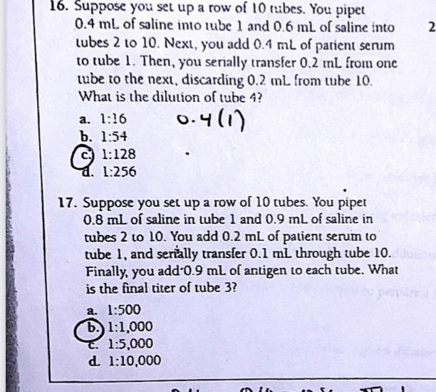 Solved 16. Suppose you set up a row of 10 tubes. You pipet | Chegg.com
