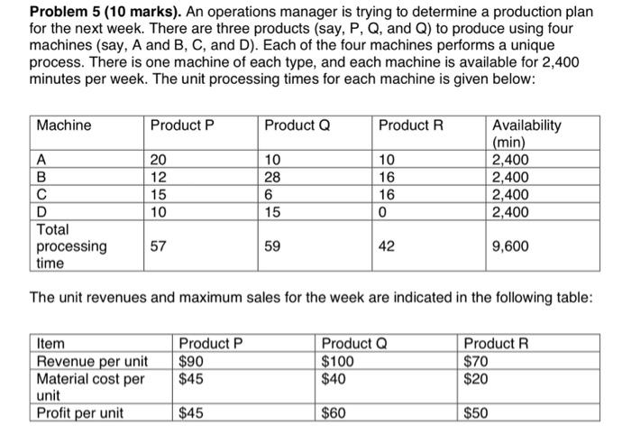 Solved Problem 5 (10 marks). An operations manager is trying | Chegg.com