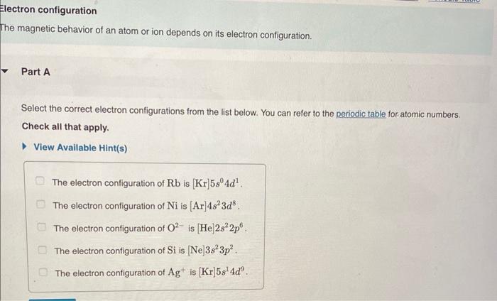 Solved Electron configuration The magnetic behavior of an | Chegg.com