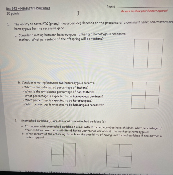 Solved Name BIO 142 HEREDITY HOMEWORK 20 points I Be sure to | Chegg.com