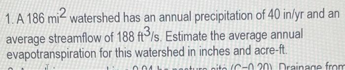 Solved 1. A 186 mi2 watershed has an annual precipitation of | Chegg.com