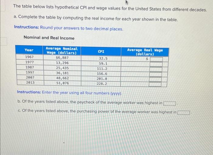 Solved The table below lists hypothetical CPI and wage | Chegg.com