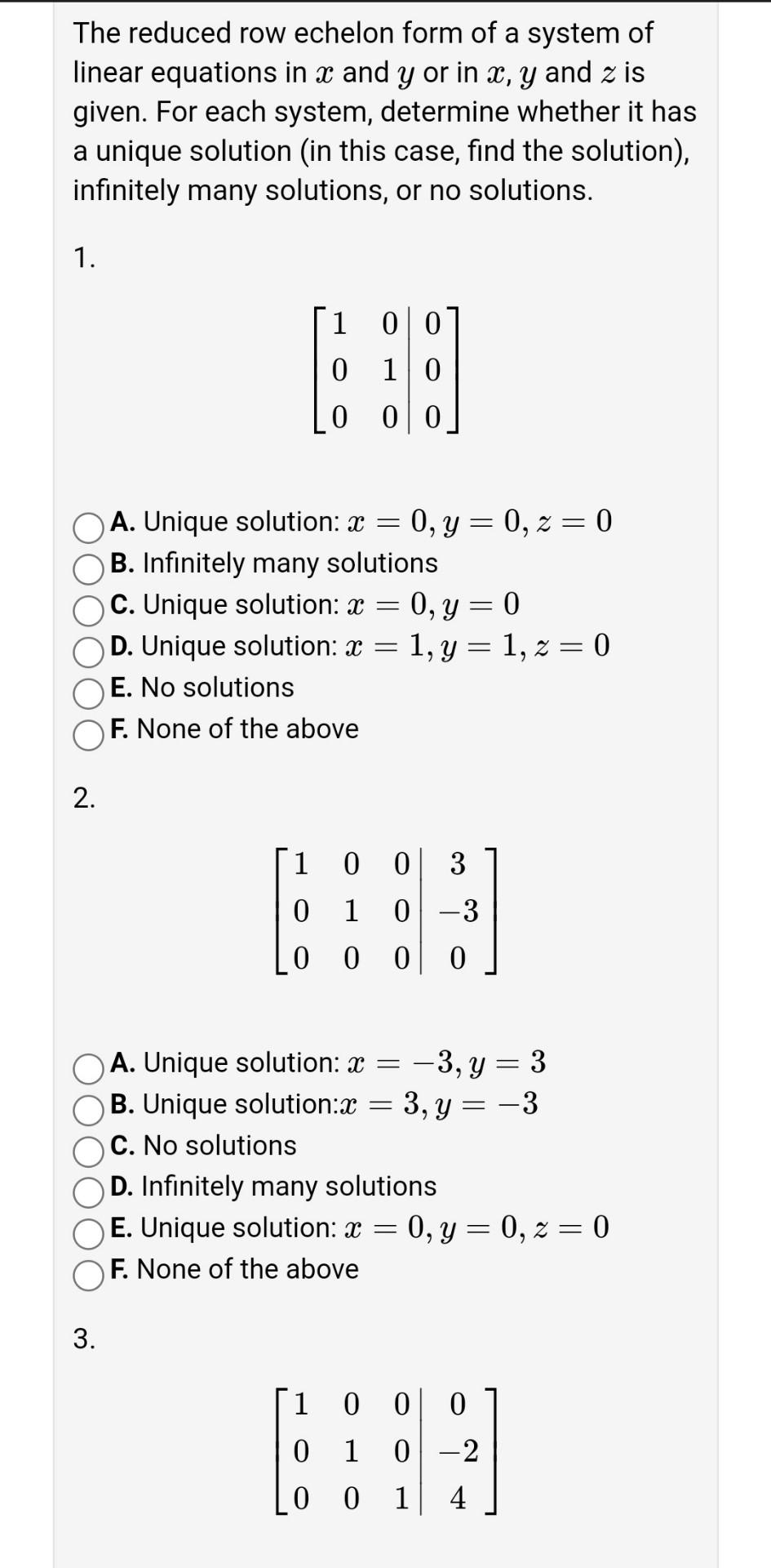 Solved х The reduced row echelon form of a system of linear | Chegg.com