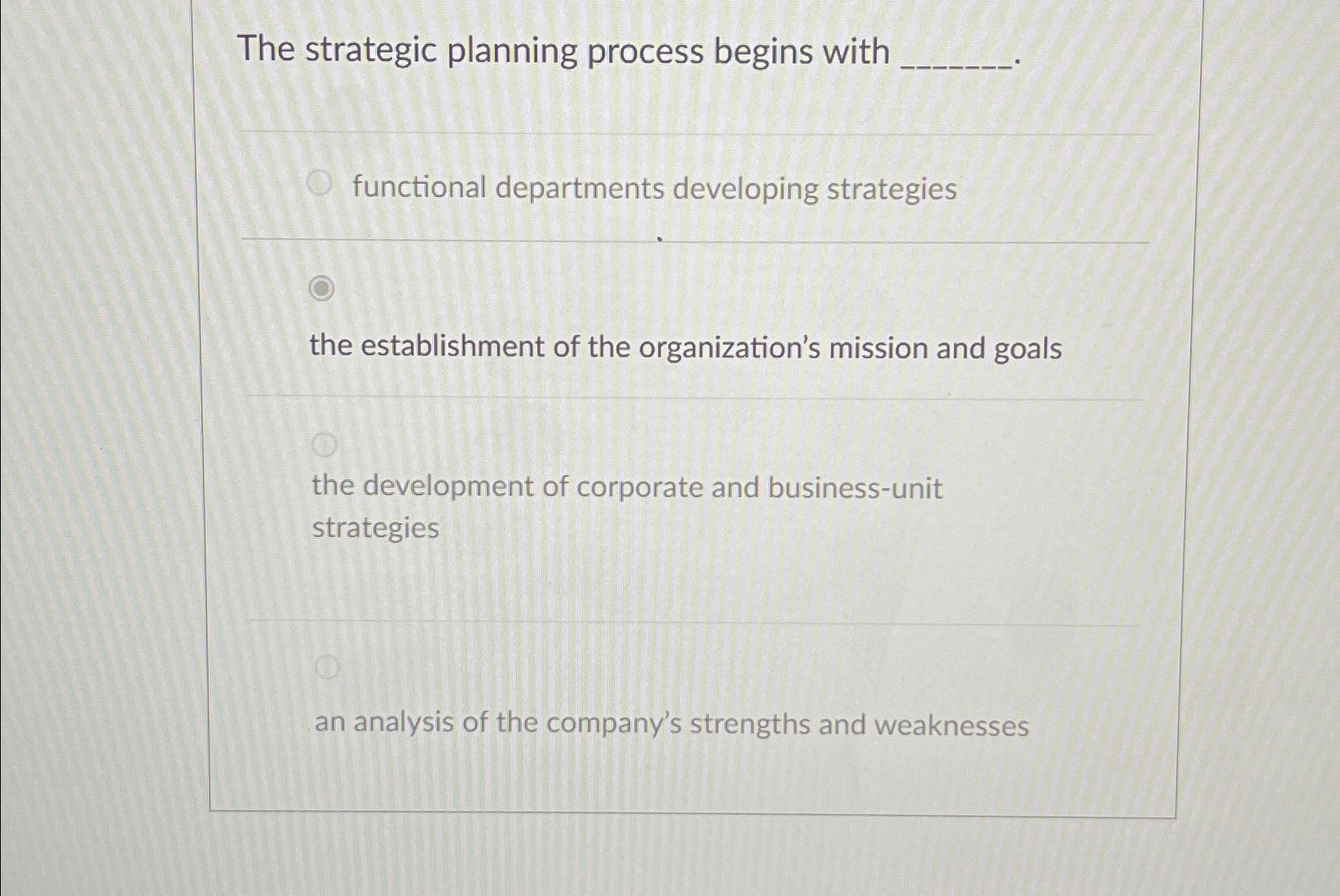 Solved The strategic planning process begins withfunctional | Chegg.com