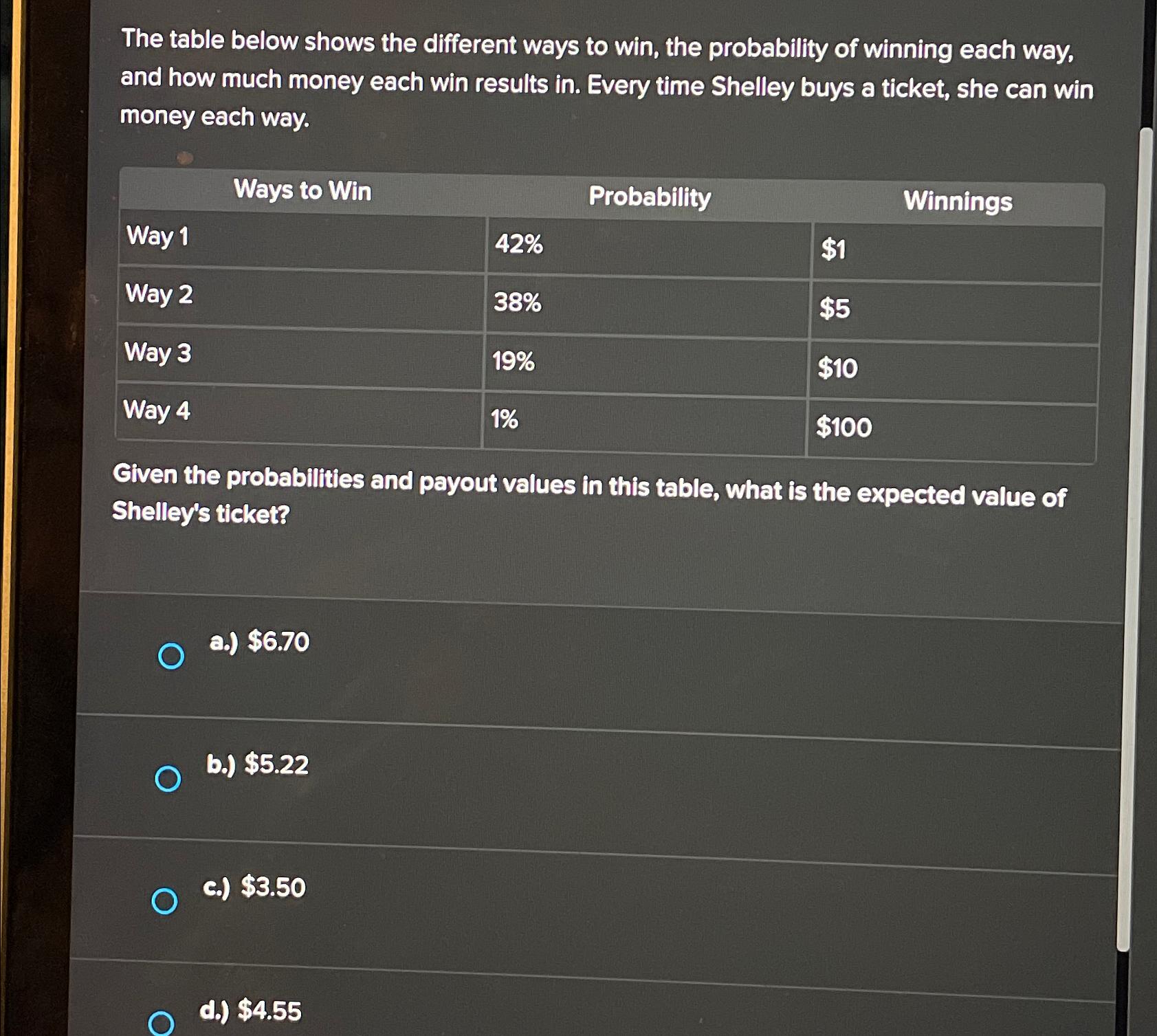 The table below shows the different ways to win, the | Chegg.com