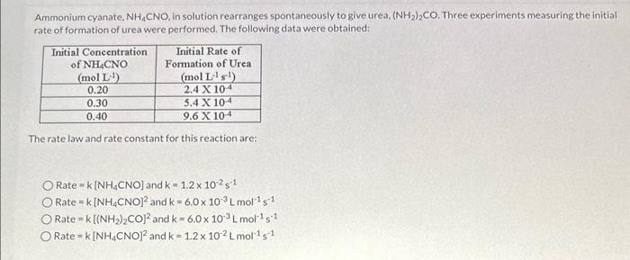 Solved Ammonium cyanate, NH4CNO, in solution rearranges | Chegg.com