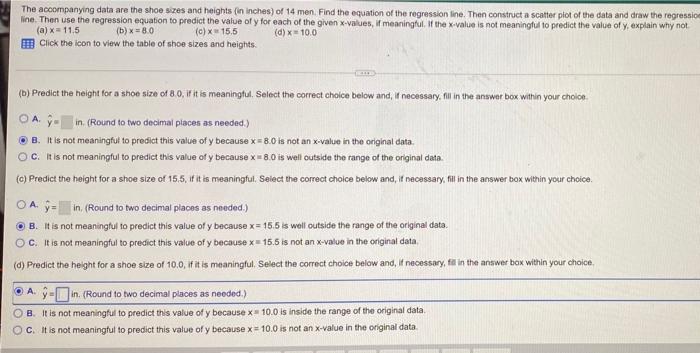 Solved The accompanying data are the shoe sizes and heights | Chegg.com