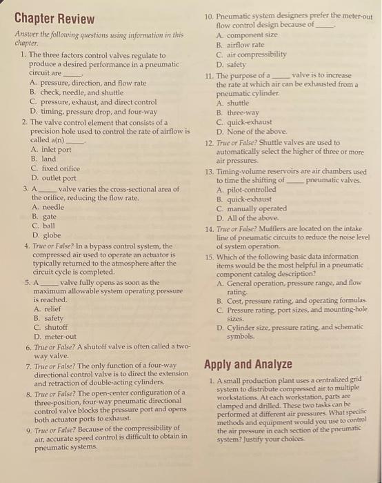 Solved Chapter Review 10. Pneumatic system designers prefer | Chegg.com