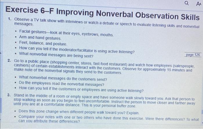 Exercise 6-F Improving Nonverbal Observation Skills | Chegg.com