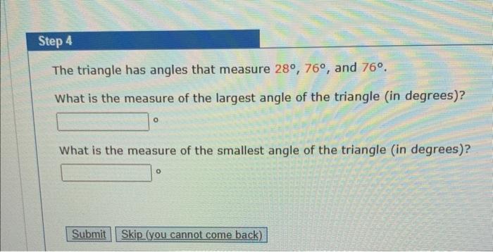 Solved The triangle has angles that measure 28∘,76∘, and | Chegg.com