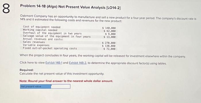 Solved Problem 14-18 (Algo) Net Present Value Analysis | Chegg.com