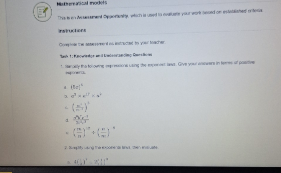 Mathematical models-=This is an Assessment | Chegg.com